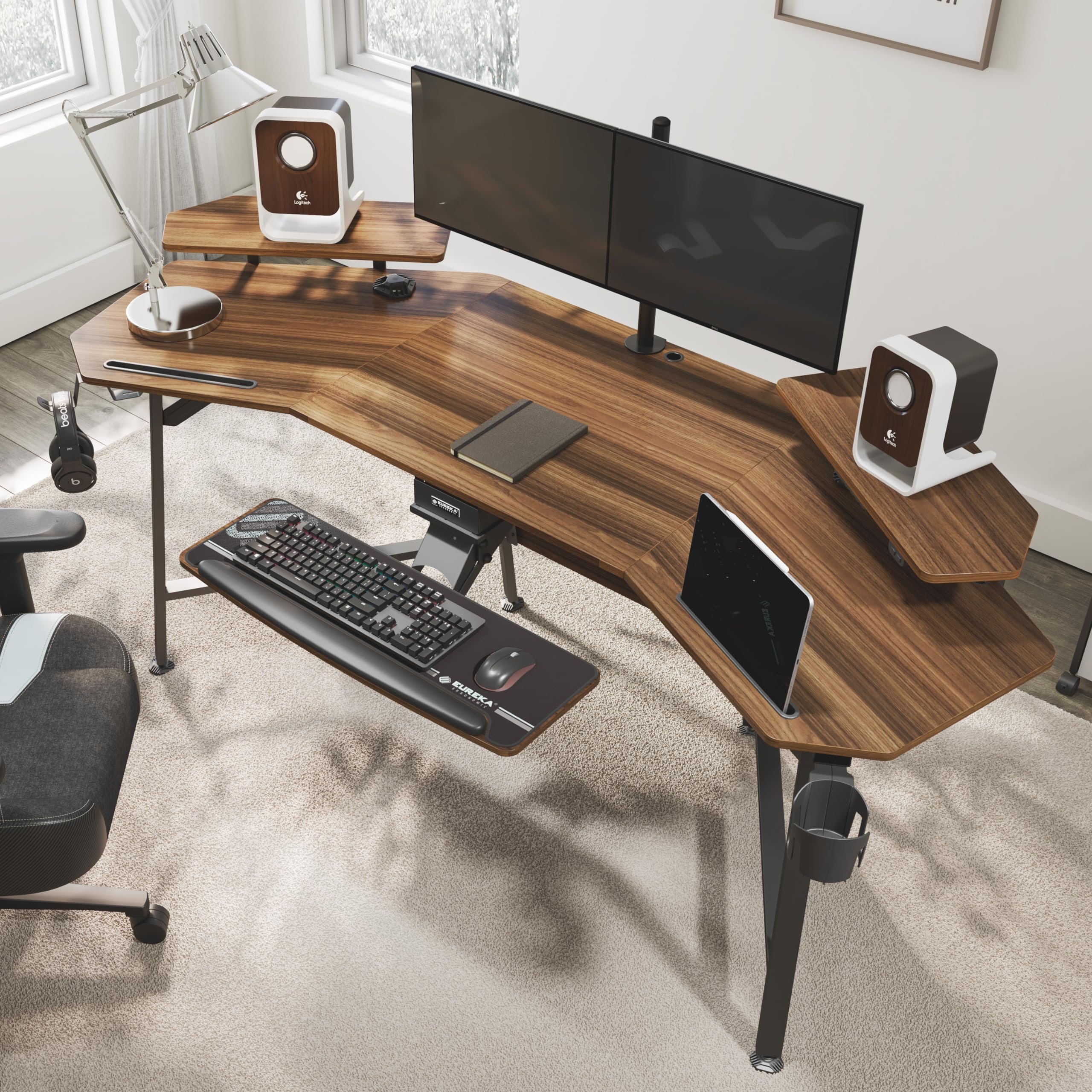 EUREKA ERGONOMIC 72" Computer Desk W Keyboard Tray, Wing-Shaped Music Studio Desk, Large Gaming Desk W LED Convertible Monitor Stand Dual Headphone Hanger for Recording Live Streamer, Walnut Wood