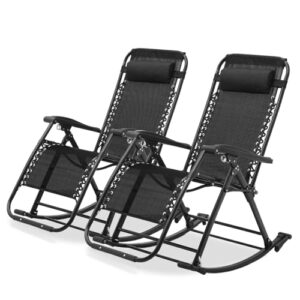 magshion outdoor rocking chairs 2 pack lounge patio rocking chair zero gravity outdoor folding recliner foldable lounge chair for patio poolside and camping, support up to 330 lbs (black)