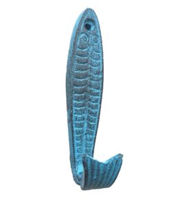 the bridge collection cast iron fish shaped wall hook - metal indoor outdoor beach wall hooks for coastal, tropical, lake home decor - coat, towel, key hook (light blue)