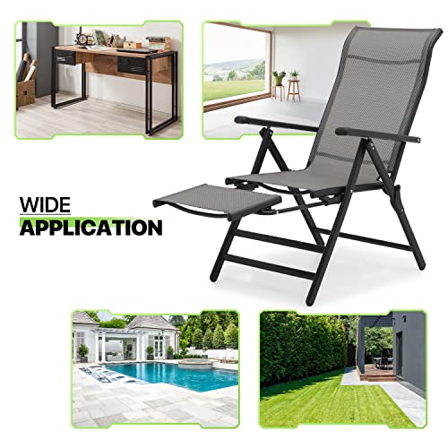 Magshion Outdoor Patio Folding Chairs Set of 2, Portable Dining Chairs with Armrests, Lounge Chairs with Footrests for Camping, Beach, Garden, Lawn, Pool, Backyard, Deck (Grey)