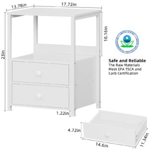 Lerliuo Nightstand, Industrial Bed Side Table with 2 Drawers Storage Open Shelf, Sturdy End Table with Steel Frame, Night Stand for Bedroom, Living Room, Elegant White