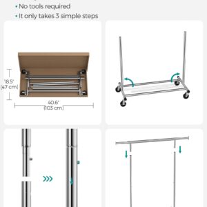 SONGMICS Clothes Rack with Wheels, Heavy-Duty Clothing Rack for Hanging Clothes, Portable Garment Rack, with Extendable Hanging Rail, 220 lb Load Capacity, Silver UHSR13SV1