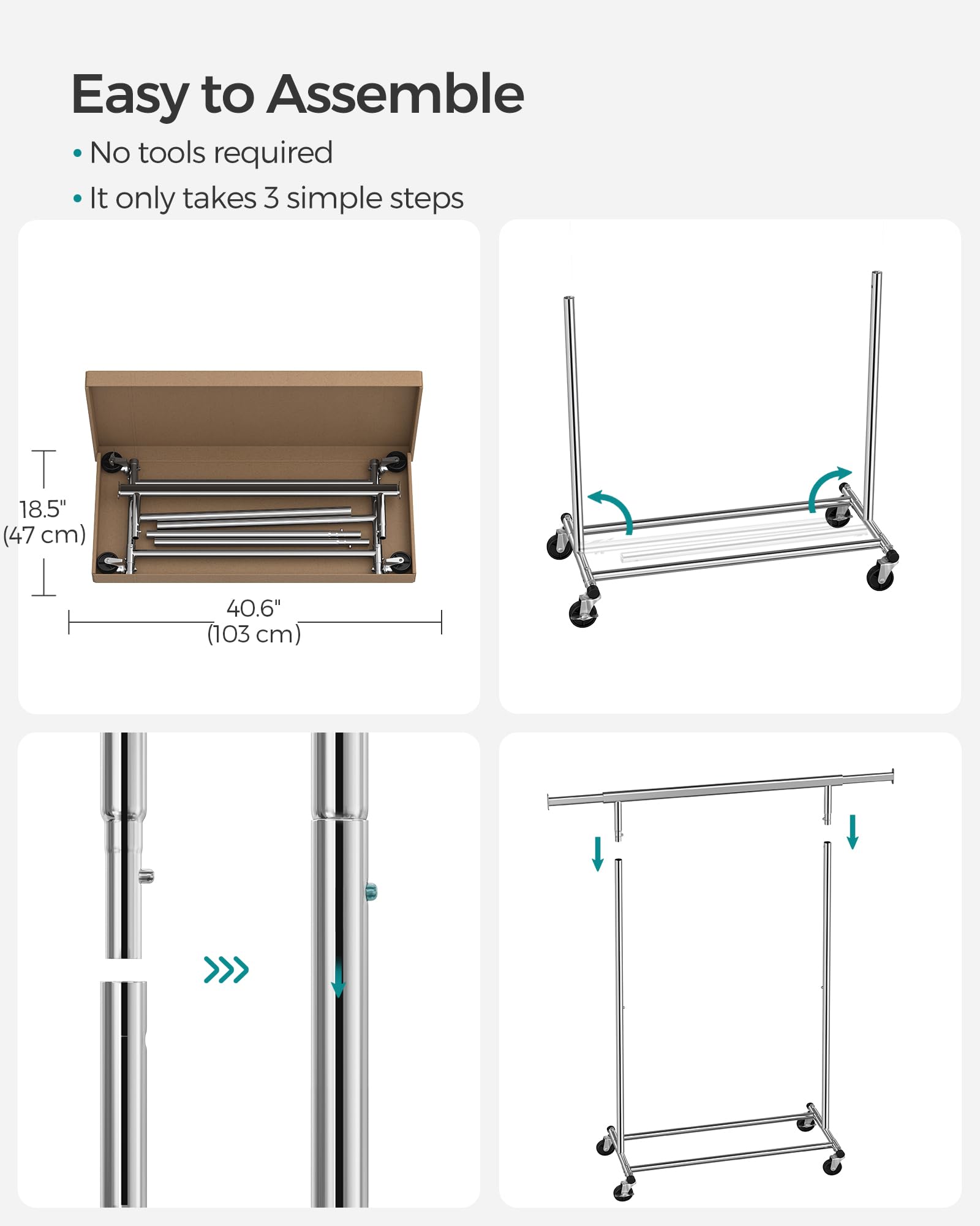 SONGMICS Clothes Rack with Wheels, Heavy-Duty Clothing Rack for Hanging Clothes, Portable Garment Rack, with Extendable Hanging Rail, 220 lb Load Capacity, Silver UHSR13SV1