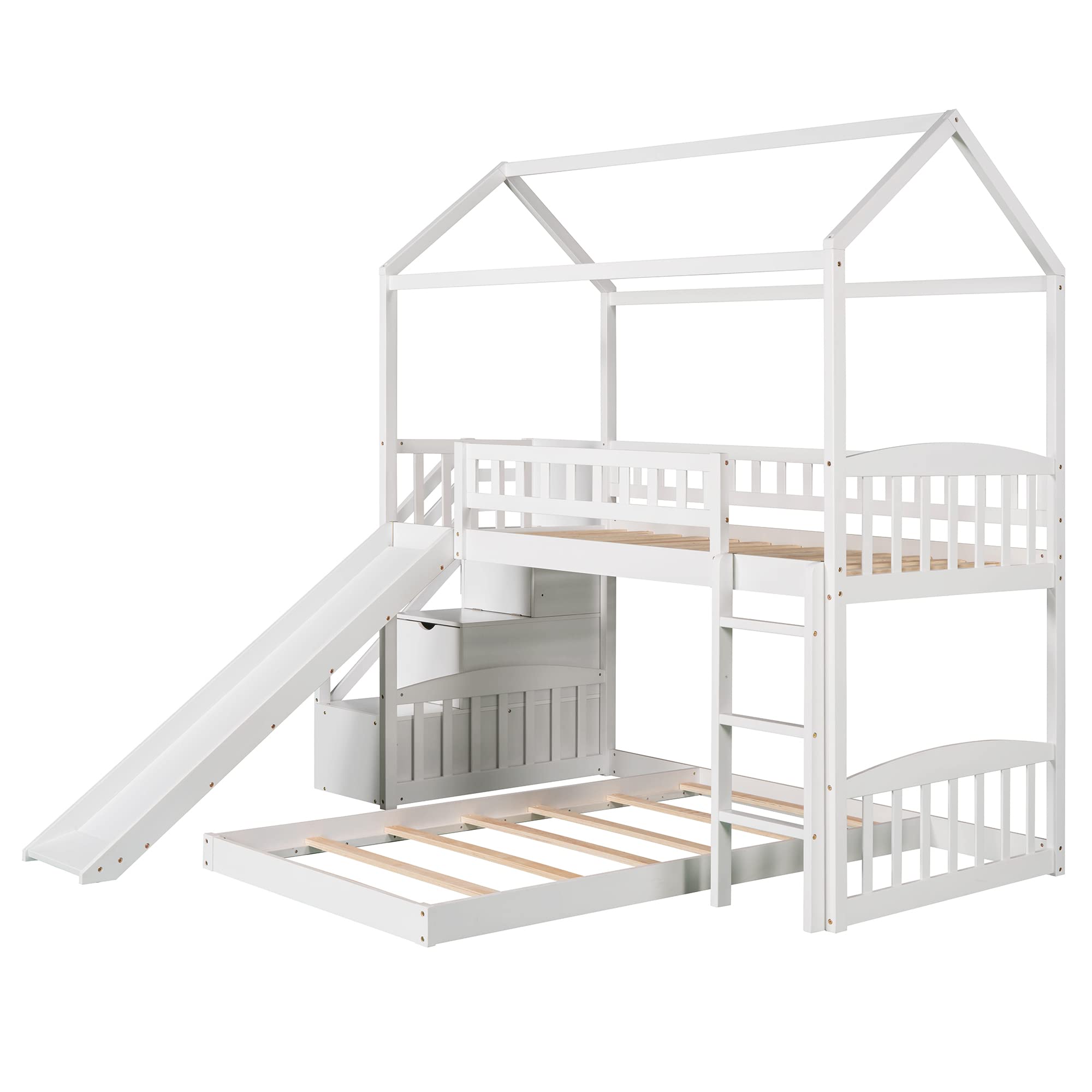 Twin Over Twin Bunk Bed with Slide, House Bunk Bed with Storage Stairs, Wooden Floor Bunk Bed with Roof and Security Guardrails, L Shaped House Bunk Bed for Kids Teens Boys Girls,White