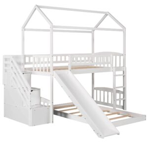 Twin Over Twin Bunk Bed with Slide, House Bunk Bed with Storage Stairs, Wooden Floor Bunk Bed with Roof and Security Guardrails, L Shaped House Bunk Bed for Kids Teens Boys Girls,White