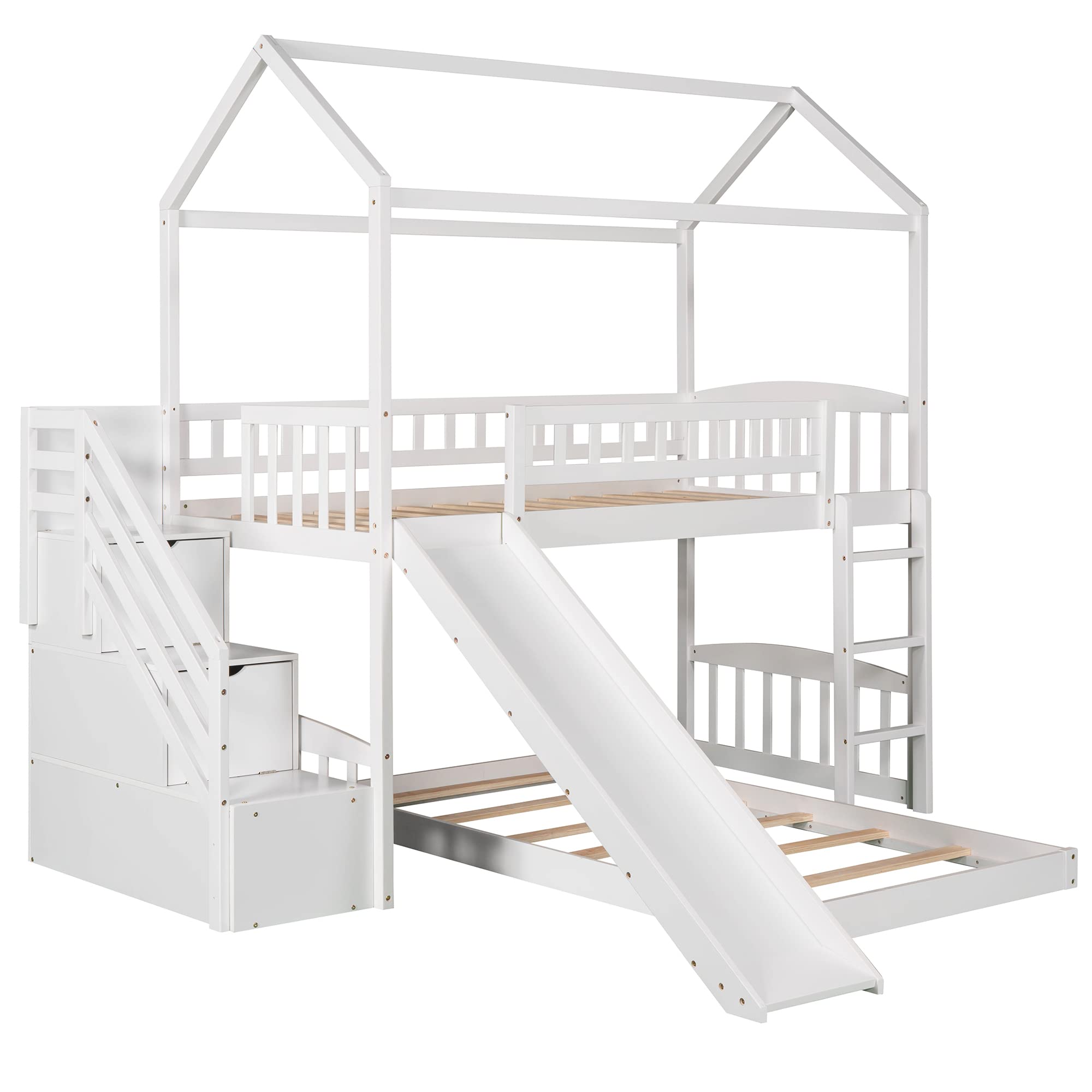 Twin Over Twin Bunk Bed with Slide, House Bunk Bed with Storage Stairs, Wooden Floor Bunk Bed with Roof and Security Guardrails, L Shaped House Bunk Bed for Kids Teens Boys Girls,White