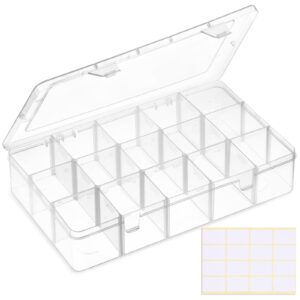 sghuo 15 grids tackle box organizer, large clear plastic organizer box with adjustable dividers for beads, art diy, crafts, jewelry, fishing tackle with label stickers