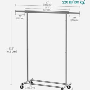 SONGMICS Clothes Rack with Wheels, Heavy-Duty Clothing Rack for Hanging Clothes, Portable Garment Rack, with Extendable Hanging Rail, 220 lb Load Capacity, Silver UHSR13SV1