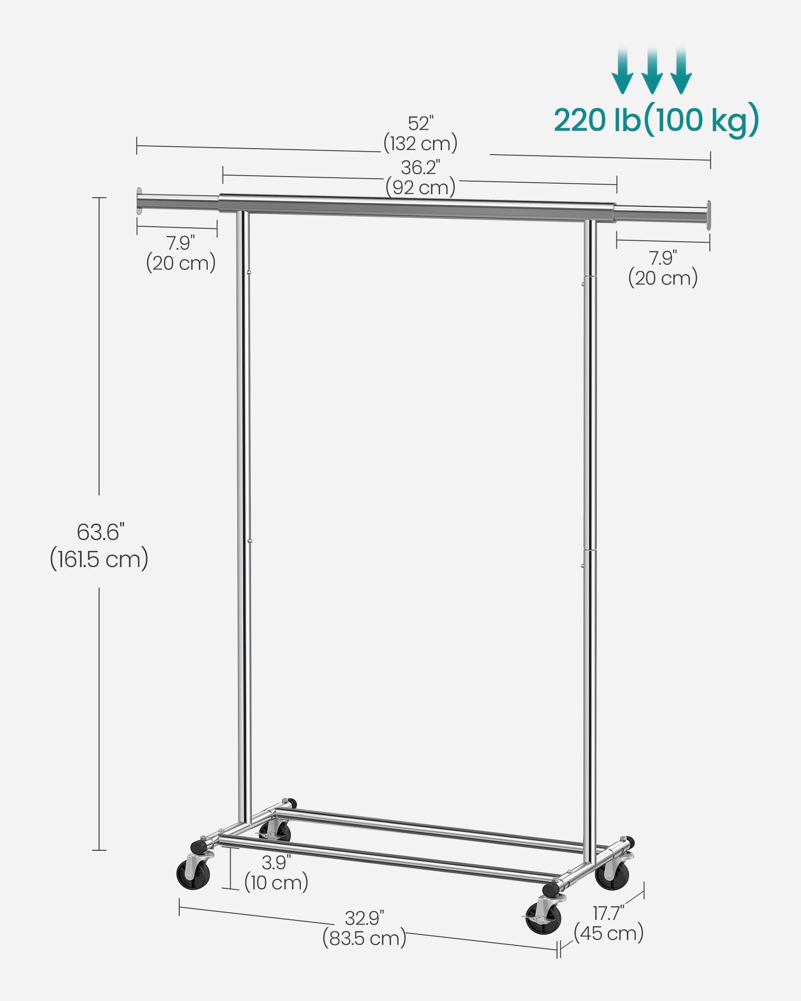 SONGMICS Clothes Rack with Wheels, Heavy-Duty Clothing Rack for Hanging Clothes, Portable Garment Rack, with Extendable Hanging Rail, 220 lb Load Capacity, Silver UHSR13SV1