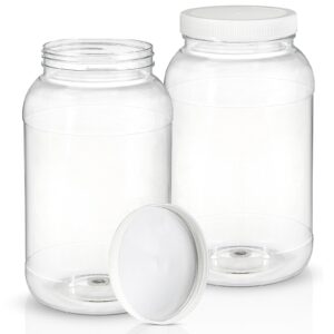 zoofox 2 pack plastic jars with lids, 1 gallon wide mouth storage containers, empty plastic jars for kitchen & household storage of dry goods, peanut, candy, noodles