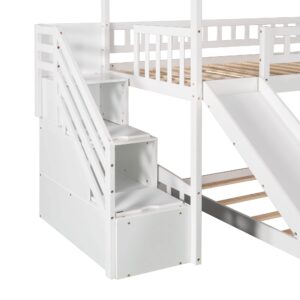 Twin Over Twin Bunk Bed with Slide, House Bunk Bed with Storage Stairs, Wooden Floor Bunk Bed with Roof and Security Guardrails, L Shaped House Bunk Bed for Kids Teens Boys Girls,White