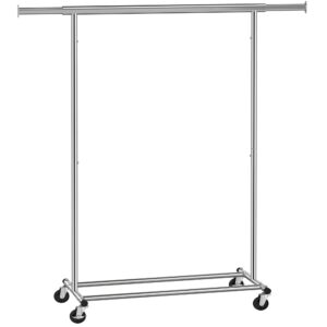 songmics clothes rack with wheels, heavy-duty clothing rack for hanging clothes, portable garment rack, with extendable hanging rail, 220 lb load capacity, silver uhsr13sv1