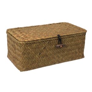 straw storage basket with lid rattan woven desktop organizer for clothes sundries and home decor