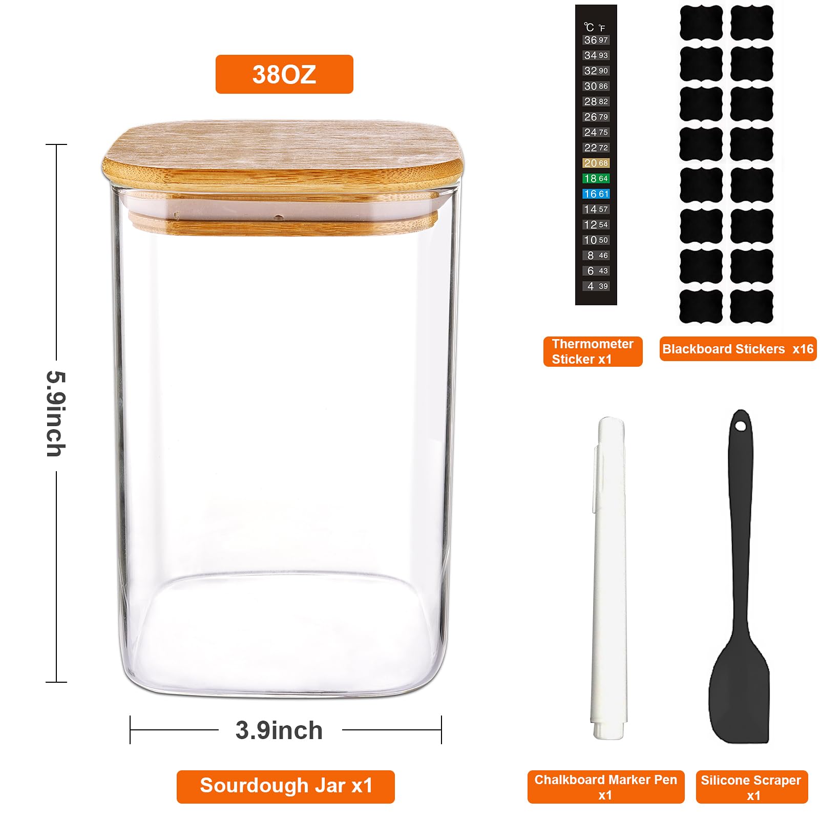 Uprony Sourdough Starter Jar Kit 38 Oz Wide Mouth Sourdough Container with Blackboard Stickers, Marker Pen, Silicone Scraper for Bread Baking Sour Dough Jar