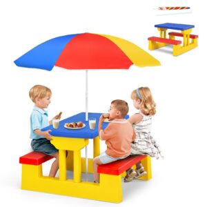 armile kids picnic table, kids indoor & outdoor table and bench set with removable & foldable umbrella, portable toddler plastic picnic table for patio, backyard, ideal gift for boys girls (colorful)