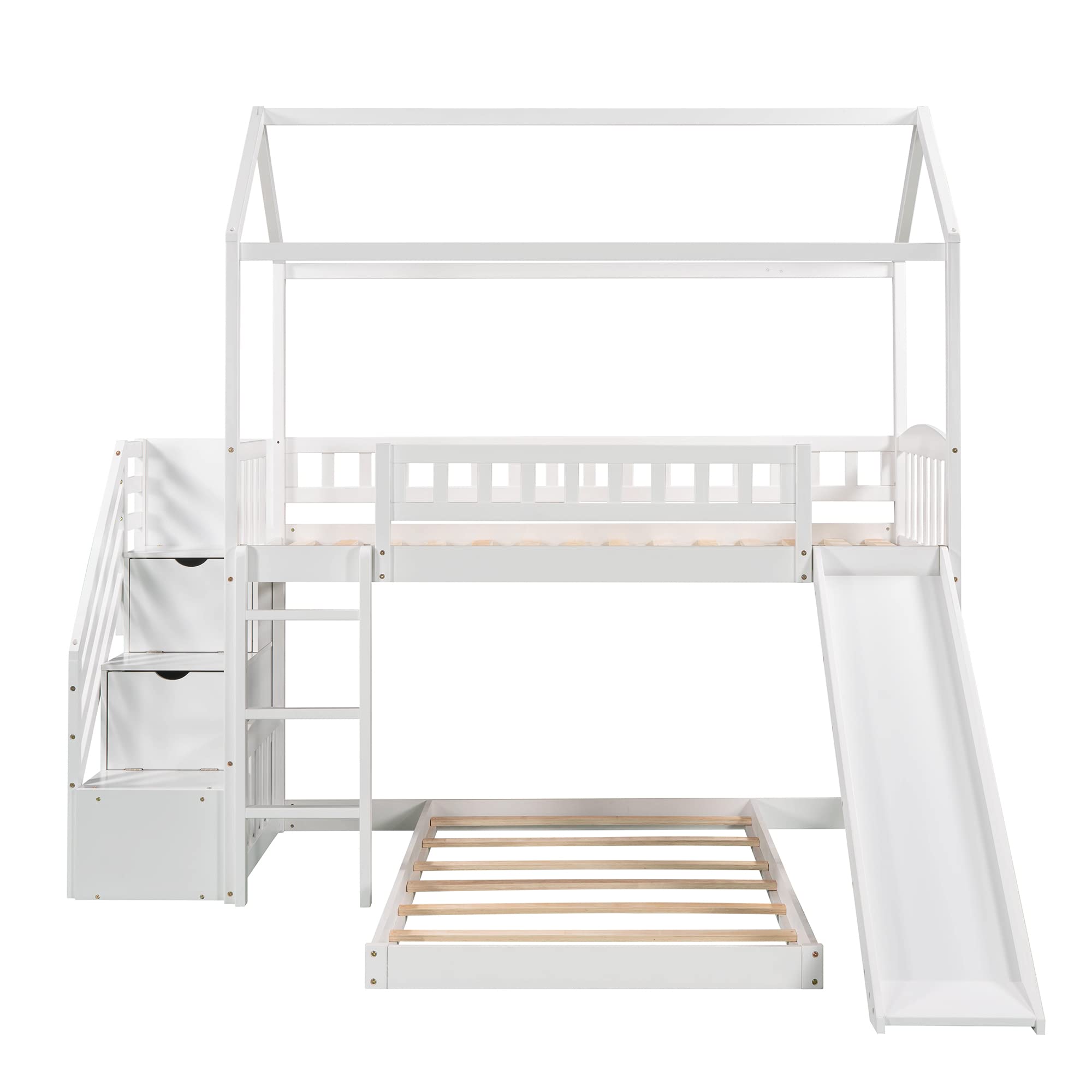 Twin Over Twin Bunk Bed with Slide, House Bunk Bed with Storage Stairs, Wooden Floor Bunk Bed with Roof and Security Guardrails, L Shaped House Bunk Bed for Kids Teens Boys Girls,White