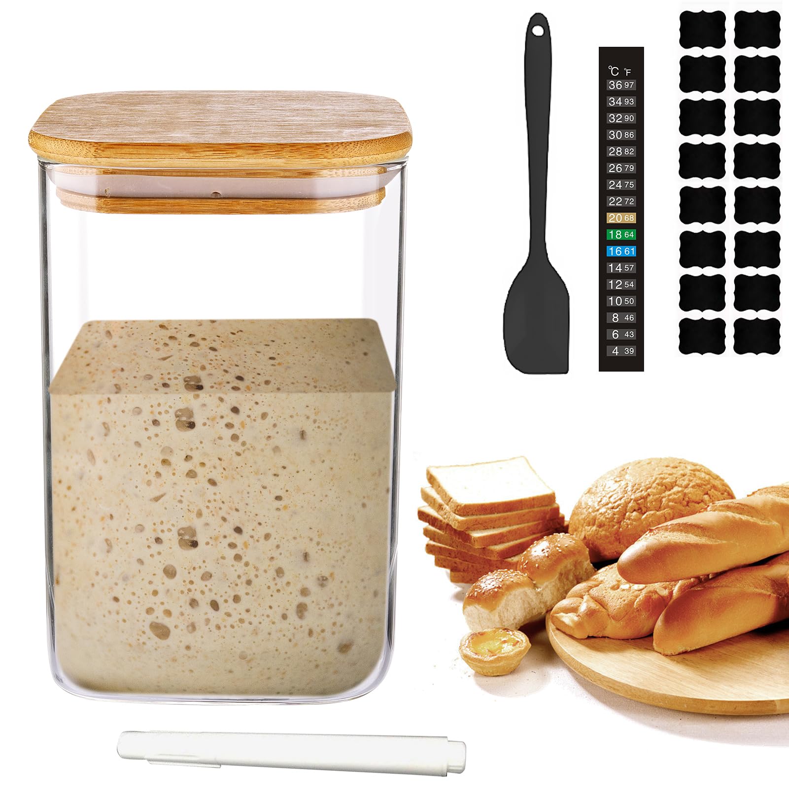 Uprony Sourdough Starter Jar Kit 38 Oz Wide Mouth Sourdough Container with Blackboard Stickers, Marker Pen, Silicone Scraper for Bread Baking Sour Dough Jar