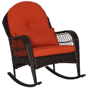 tangkula outdoor wicker rocking chair, patio rattan rocker with seat back cushions & waist pillow, sturdy metal frame, mix brown outdoor rocker for balcony, porch, backyard (1, orange)