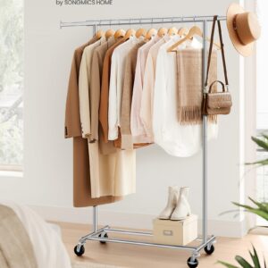 SONGMICS Clothes Rack with Wheels, Heavy-Duty Clothing Rack for Hanging Clothes, Portable Garment Rack, with Extendable Hanging Rail, 220 lb Load Capacity, Silver UHSR13SV1