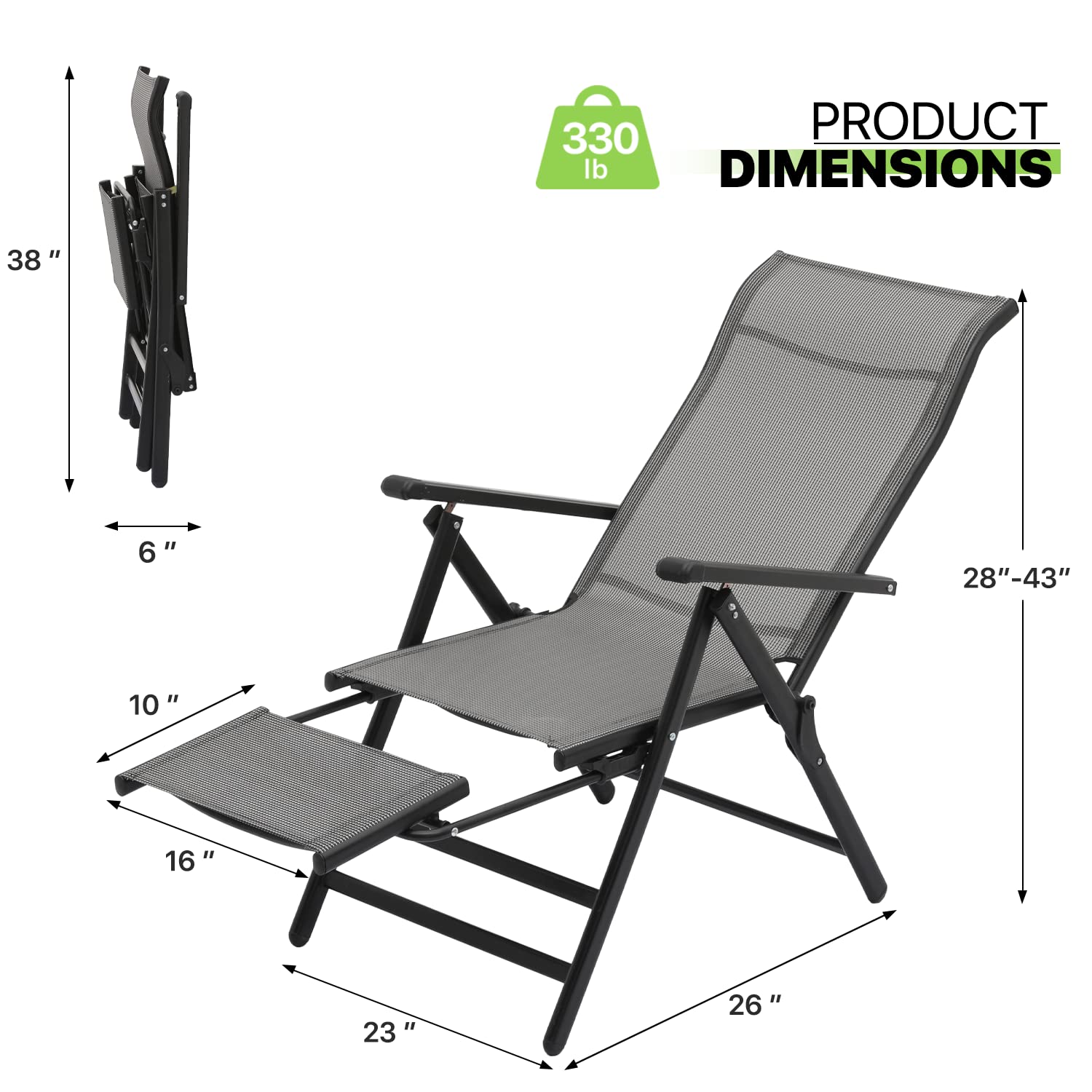 Magshion Outdoor Patio Folding Chairs Set of 2, Portable Dining Chairs with Armrests, Lounge Chairs with Footrests for Camping, Beach, Garden, Lawn, Pool, Backyard, Deck (Grey)