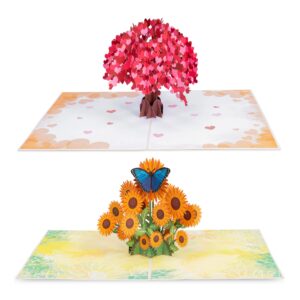 paper love pop up cards 2 pack - includes 1 heart tree and 1 sunflower, for all occasions, mother day, birthday, just because- includes envelope and note tag