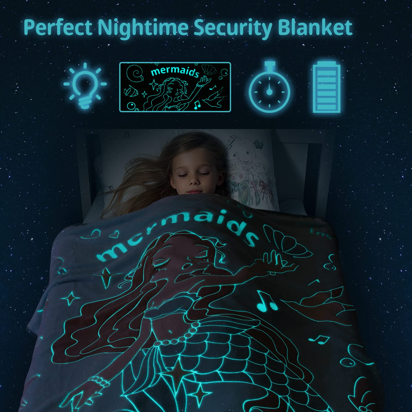 Glow in The Dark Mermaid Blanket Throw Gifts for Girls Kid Blankets Super Soft 3 4 5 6 7 8 9 10 Year Old Girl Gift Ideas Girls Toys Age 6-8 Mermaid Toys Halloween Christmas Birthday Gifts 50"x 60"