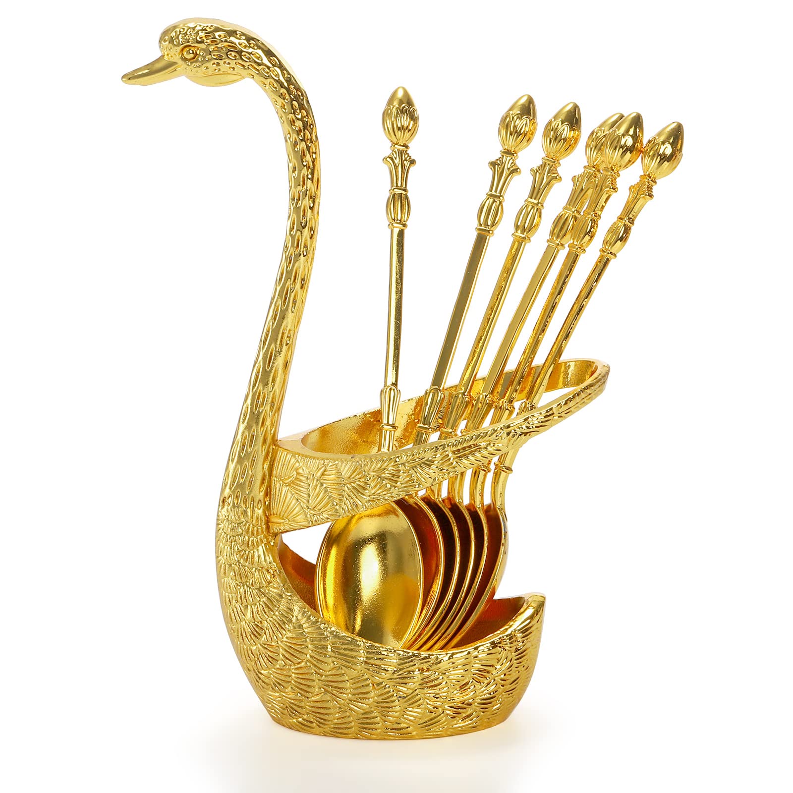 Pumtus 14 Pack Swan Base Holder with Coffee Spoon Forks, Gold Creative Dessert Flatware Set, Decorative Party Golden Serving Teaspoons for Stirring, Mixing, Sugar, Ice Cream, Fruit, 6 Spoons, 6 Forks