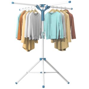 augmirr clothes drying racks, height-adjustable 52 inches updated version,stainless steel for indoor outdoor,length adjustable saves space,with 20 windproof hooks (tripod rack, 52")