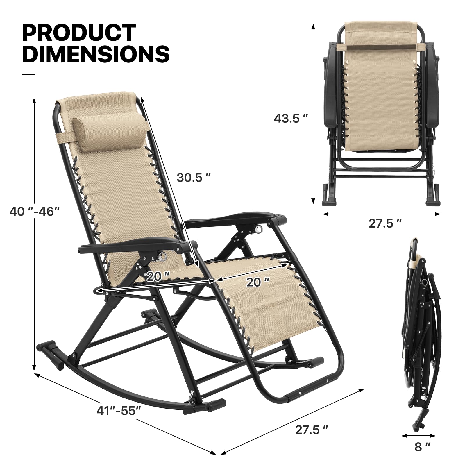 MoNiBloom Patio Rocking Chair Set of 2 Zero Gravity Chair Outdoor Folding Recliner Foldable Lounge Ergonomic Design Chair with Adjustable Armrest for Camping Lawn Patio Yard and Indoor, 330lbs