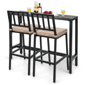 costway 3 piece outdoor patio bar set, 48" rectangular pub height high top bar table with 2 cushioned bar stools, metal bar table and chairs set for balcony, backyard, porch