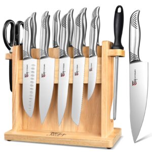 syokami kitchen knife set, 14 pieces japanese style knife block set with magnetic holder, high carbon stainless steel ultra sharp knives for kitchen with ergonomic handle and sharpener, black dot