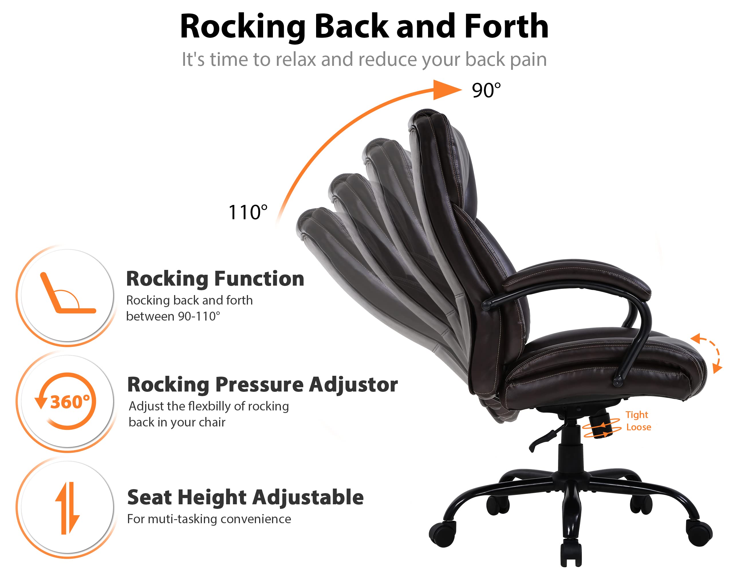 Big and Tall Office Chair-500lbs Executive Massage Office Chair, PU Leather Adjustable Height Computer Desk, Ergonomic Task Chair with Massaging Lumbar Support Home Office Desk Chairs, Brown