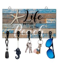 key holder for wall ocean beach starfish wood wall mounted key hooks hang key/dog leash/sunglasses summer farmhouse navy blue key rack organizer with 5 hooks for home, entryway, hallway