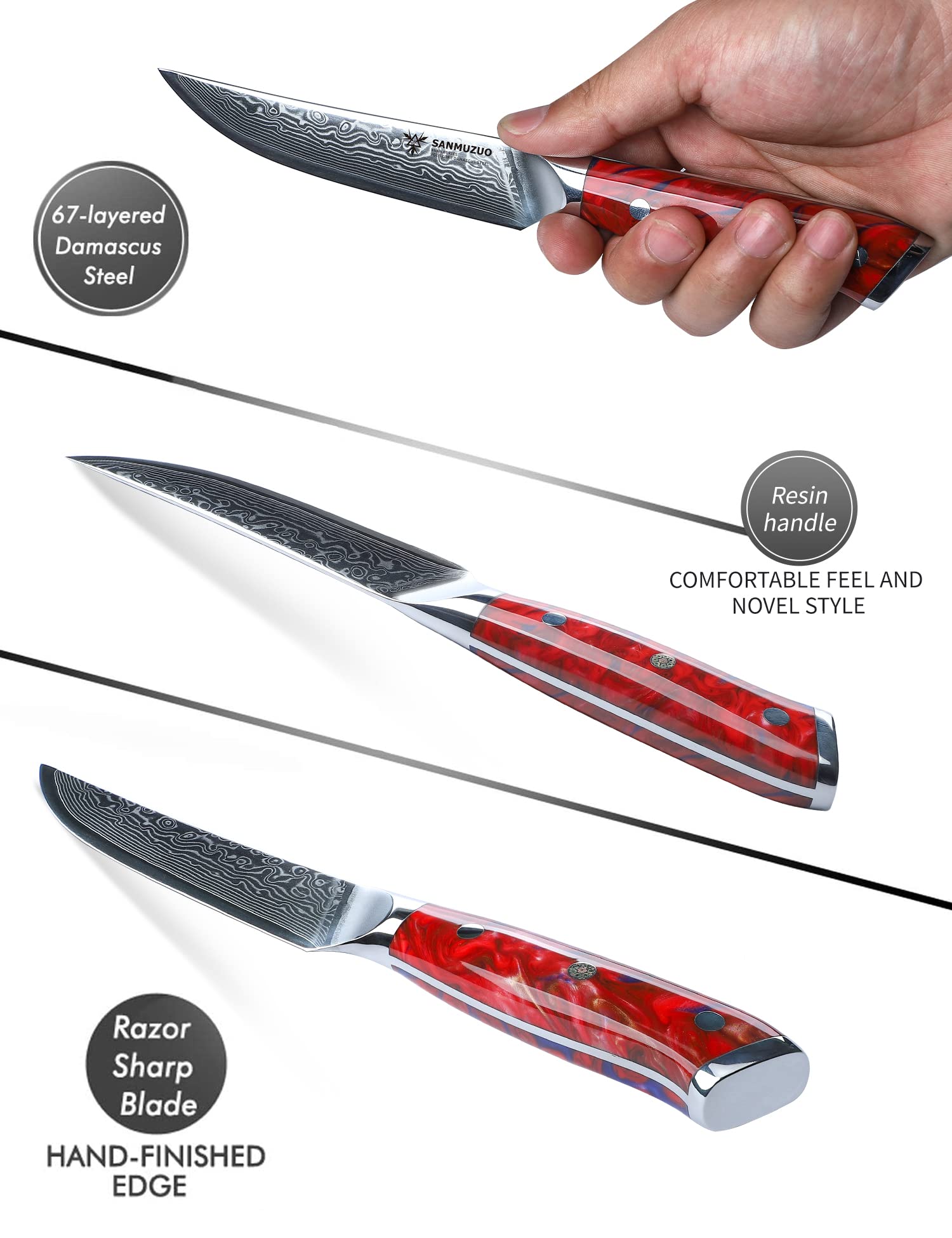 SANMUZUO Steak Knives Set of 4, Ultra Sharp Non Serrated Kitchen Steak Knife 5 Inch - Damascus Steel & Resin Handle - Xuan Series (Sunset Red)