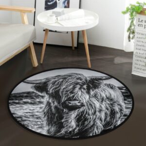 highland cattle cow area rug round 3 ft washable for bedroom living room scottish meadow animal circle rug mat non slip carpet decor floor mat for bathroom kitchen dorm