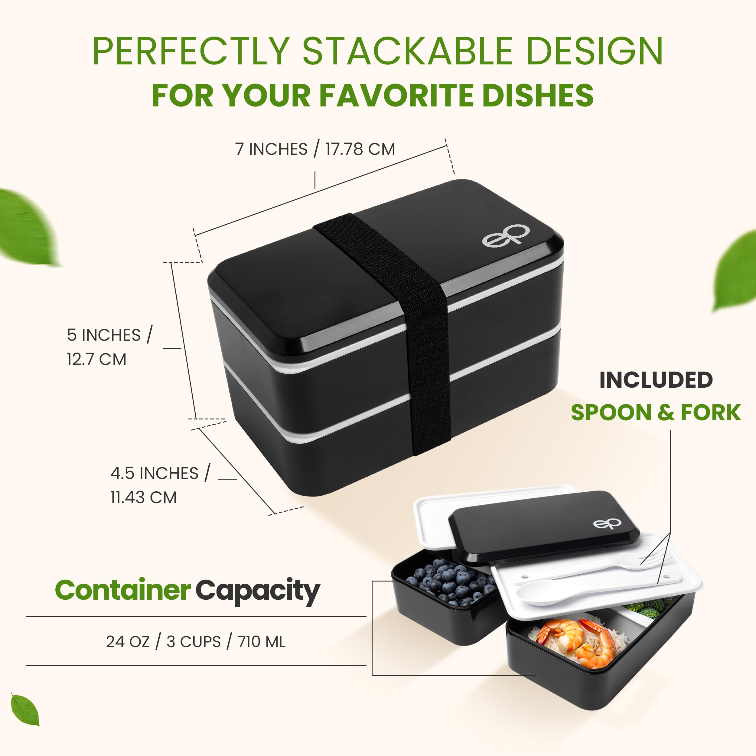 Stackable Bento Lunch Box for Adults with Utensils - Leakproof Bento Box Adult Lunch Box Containers w/ Compartments & Dividers, BPA-Free, Microwave/Dishwasher Safe, 5" x 7" x 4.5", Black w/ Strap