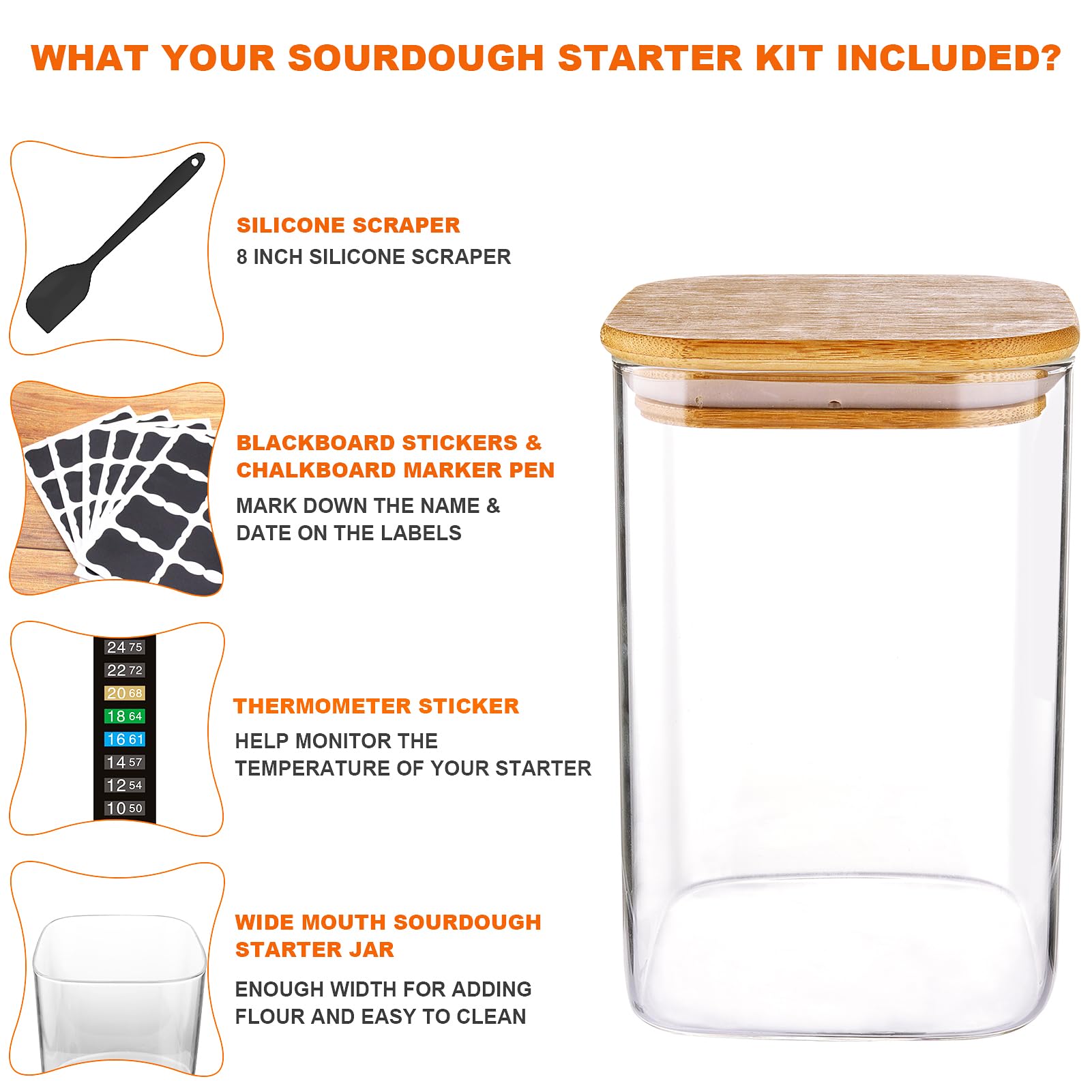 Uprony Sourdough Starter Jar Kit 38 Oz Wide Mouth Sourdough Container with Blackboard Stickers, Marker Pen, Silicone Scraper for Bread Baking Sour Dough Jar