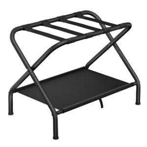 jsluiiys luggage rack, folding luggage stand, collapsible metal luggage holder, heavy-duty suitcase stand with storage shelf, luggage racks for guest room, bedroom, hotel space storage rack, black