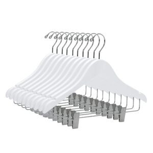 quality hangers 20 pack kids skirt hangers 14 inches - junior preteen youth wooden clothes hanger with curved shoulder swivel chrome hook adjustable metallic clips & nonslip notches (white, 20)