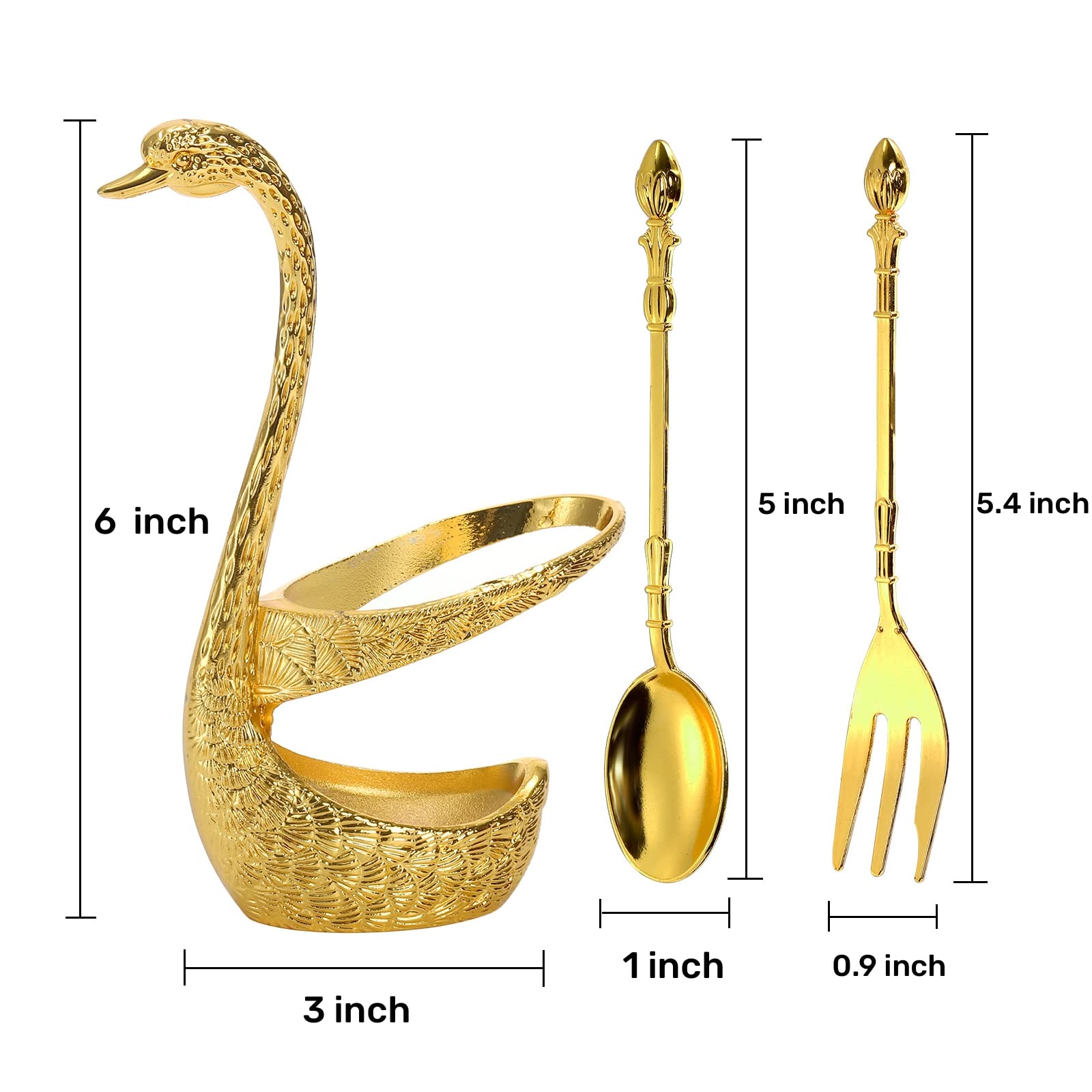 Pumtus 14 Pack Swan Base Holder with Coffee Spoon Forks, Gold Creative Dessert Flatware Set, Decorative Party Golden Serving Teaspoons for Stirring, Mixing, Sugar, Ice Cream, Fruit, 6 Spoons, 6 Forks