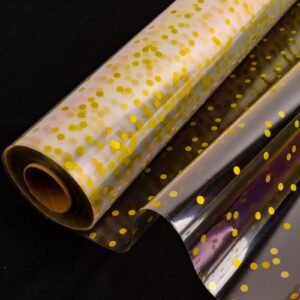 cmfyhm clear cellophane wrap roll(34" x 120’ft) 3mil gold polka dot cellophane roll, cellophane roll, gift wrap roll, cellophane wrap for gifts, baskets, flowers, party decorations