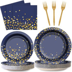 96 pcs blue and gold party plates napkins tableware set navy gold dot supplies disposable dinnerware blue birthday party decoration favors for wedding bridal baby shower graduations party, 24 guests