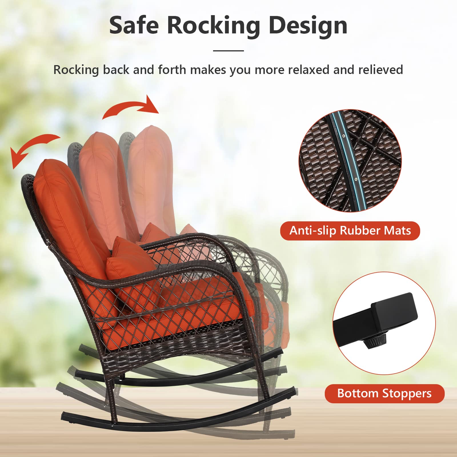 Tangkula Outdoor Wicker Rocking Chair, Patio Rattan Rocker with Seat Back Cushions & Waist Pillow, Sturdy Metal Frame, Mix Brown Outdoor Rocker for Balcony, Porch, Backyard (1, Orange)