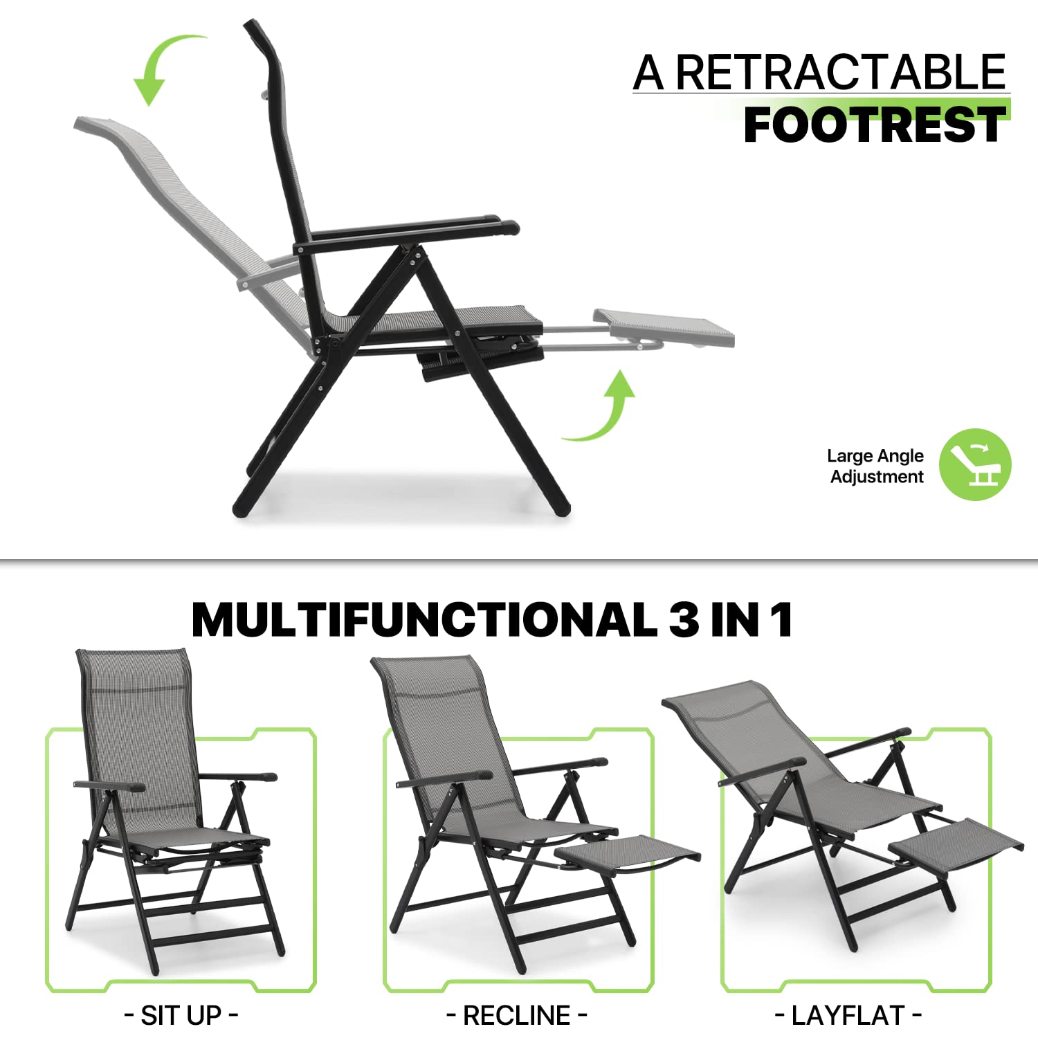 Magshion Outdoor Patio Folding Chairs Set of 2, Portable Dining Chairs with Armrests, Lounge Chairs with Footrests for Camping, Beach, Garden, Lawn, Pool, Backyard, Deck (Grey)