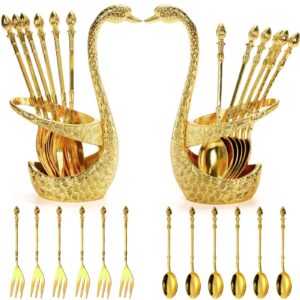 pumtus 14 pack swan base holder with coffee spoon forks, gold creative dessert flatware set, decorative party golden serving teaspoons for stirring, mixing, sugar, ice cream, fruit, 6 spoons, 6 forks