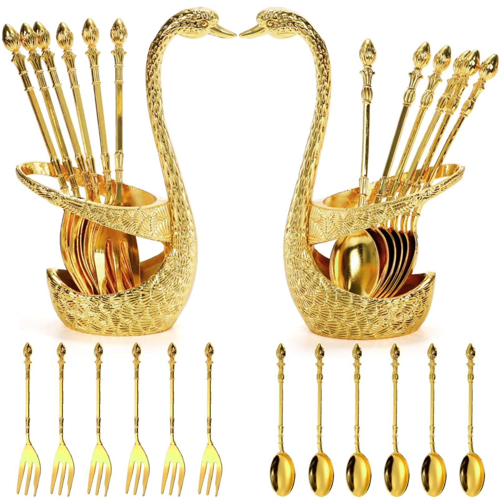 Pumtus 14 Pack Swan Base Holder with Coffee Spoon Forks, Gold Creative Dessert Flatware Set, Decorative Party Golden Serving Teaspoons for Stirring, Mixing, Sugar, Ice Cream, Fruit, 6 Spoons, 6 Forks