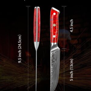 SANMUZUO Steak Knives Set of 4, Ultra Sharp Non Serrated Kitchen Steak Knife 5 Inch - Damascus Steel & Resin Handle - Xuan Series (Sunset Red)