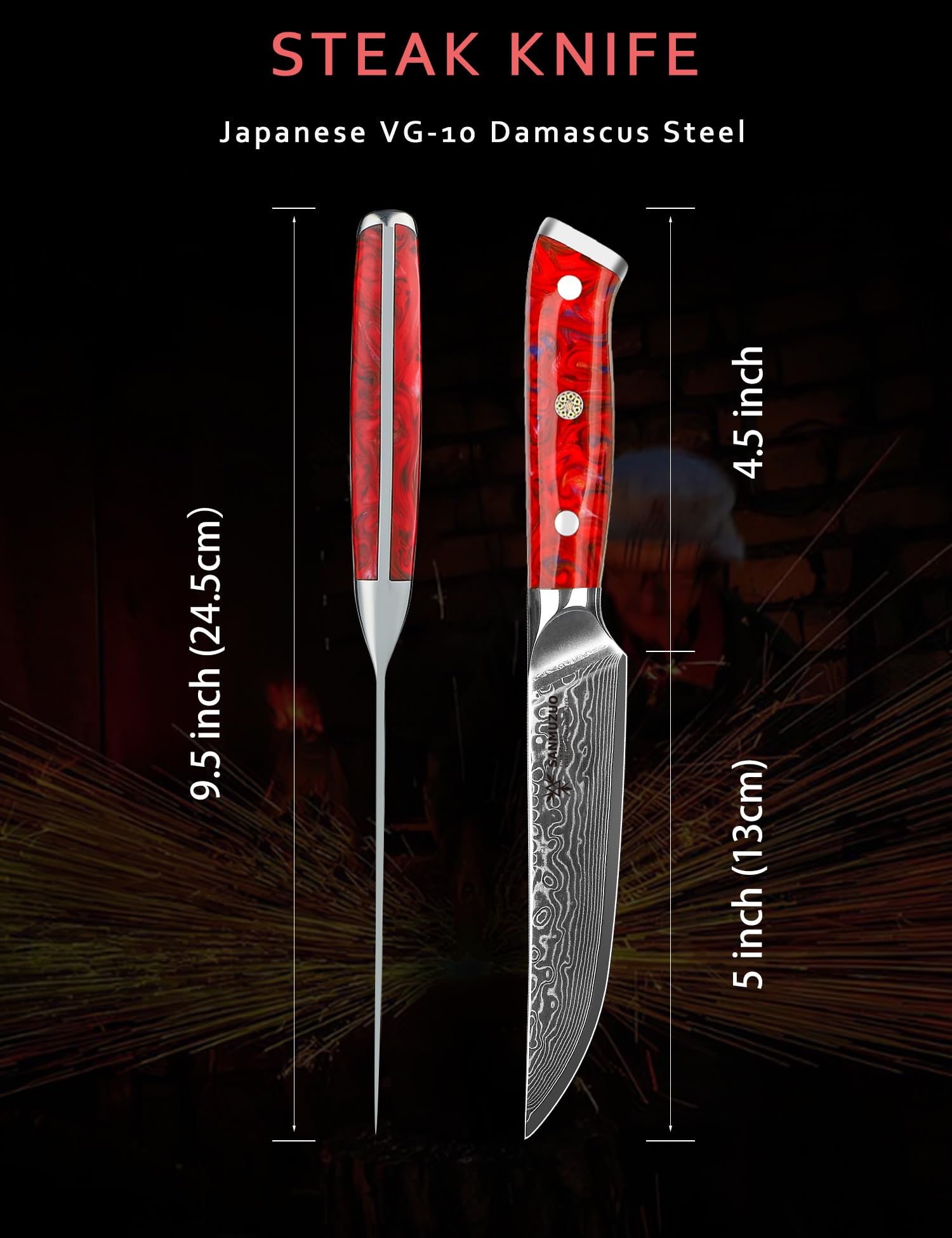 SANMUZUO Steak Knives Set of 4, Ultra Sharp Non Serrated Kitchen Steak Knife 5 Inch - Damascus Steel & Resin Handle - Xuan Series (Sunset Red)