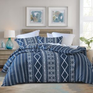 duoming boho duvet cover king - 100% cotton navy duvet cover set, navy blue king duvet cover with zipper closure & 8 ties, 3 piece bohemian duvet cover king set