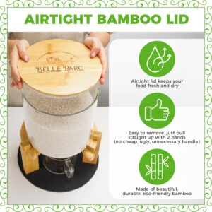 Belle Parc Glass Rice Dispenser 10 lbs, with Airtight Lid & Labels & Slider mat. Make your glass rice container Glass AND Bamboo rice container! Best 5L capacity grain dispenser and rice holder